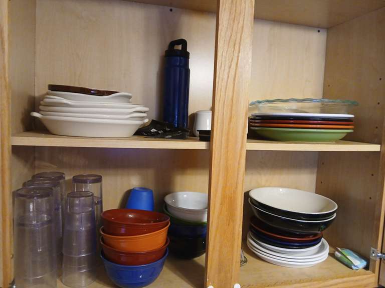 SS steak knives, wisks, spoons, cooking pans, Mainstay dinnerware, cups ...