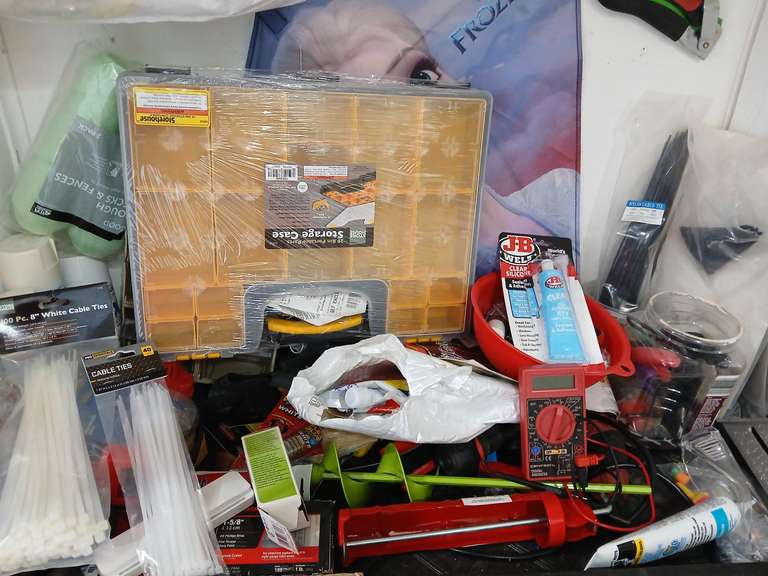 Storage case, cable ties, caulking guns, multimeter, home hardware ...