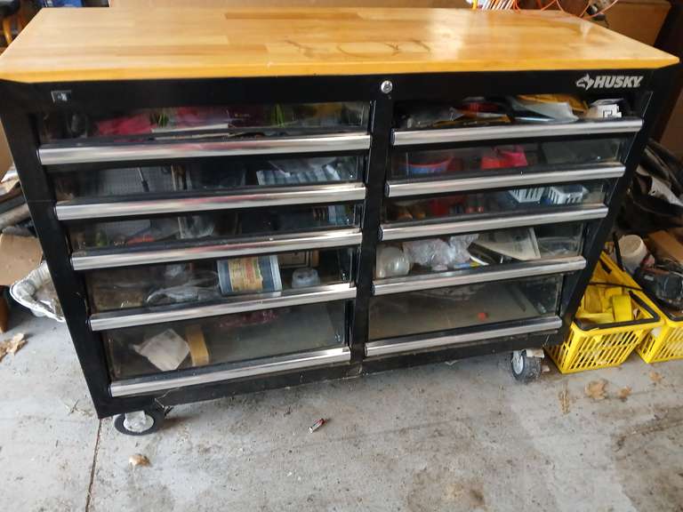 Husky 10 drawer tool chest work bench on casters. Solid wood top ...