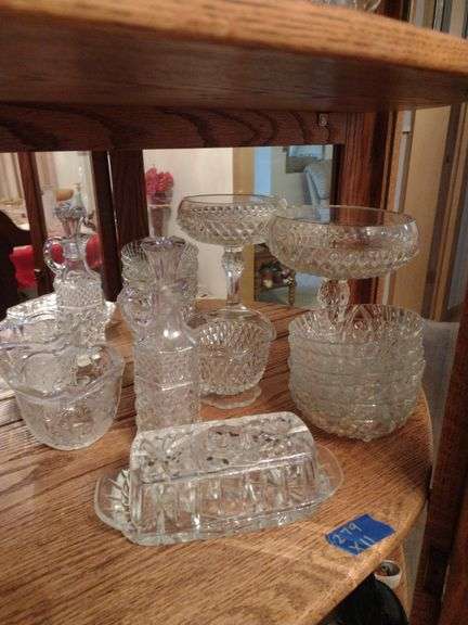 Footed compote, butter dish, cruet, and bowls - Advantage Auction