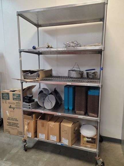 Storage cart with contents hot tray lids, wire slides 18, small serving ...