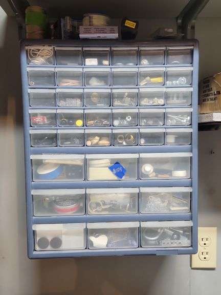 Blue hanging organizer with assortment of fasteners - Advantage Auction