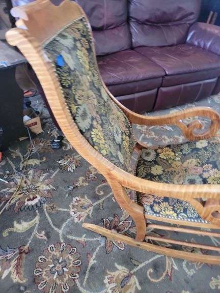 Antique birds eye and tiger maple rocking chair with tapestry covering ...