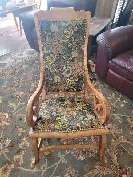 Antique birds eye and tiger maple rocking chair with tapestry covering ...