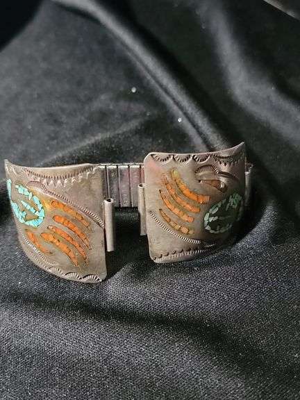 Silver watch band with maker's mark, bear claw design with coral and ...