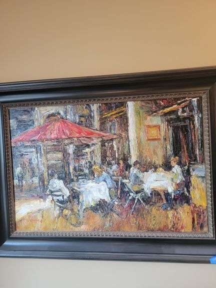 Vintage oil painting outdoor eating lunch By J Howell - Advantage Auction