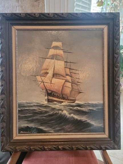 Oil painting of a clipper ship by R Schneider - Advantage Auction
