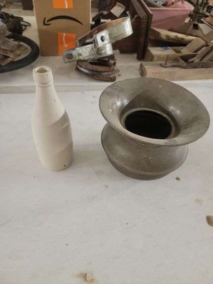 Vintage brass spitoon, pottery bottle - Advantage Auction