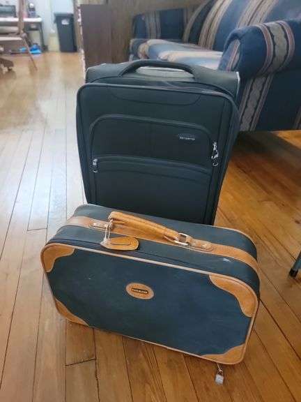 Luggage, two Samsonite black rolling bags and trailblazer suitcase ...