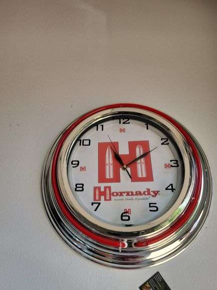 Hornady wall clock, gunsmoke guns metal sign - Advantage Auction
