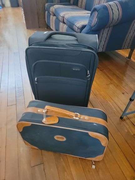 Luggage, two Samsonite black rolling bags and trailblazer suitcase ...