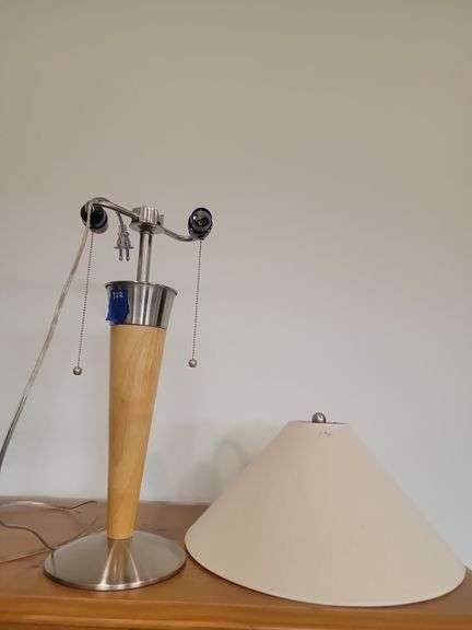 MCM style natural wood & silver emess table top pull lamp with shade ...