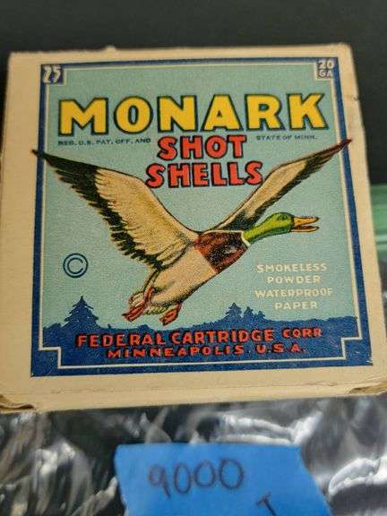 Vintage Monark 20GA Shot Shells Box with Nitro Long Range Express ...