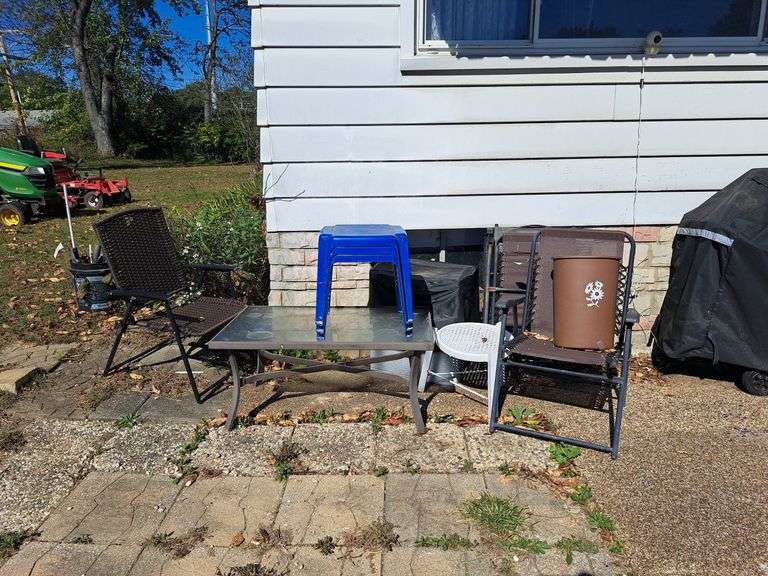Folding Patio Chairs, Glasstop Table, Plastic Side Tables, Trash Can ...