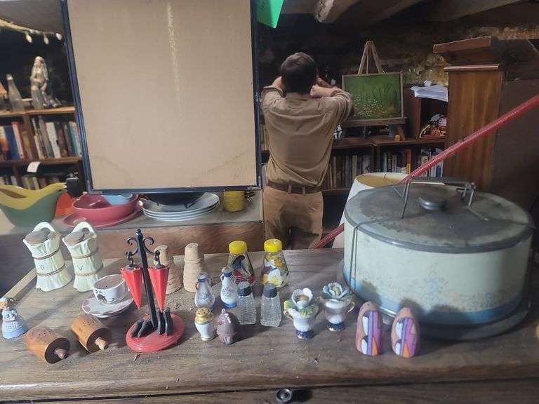 Shelf Of Various Salt & Pepper Shakers, Cake Plate With Cover - Baer ...