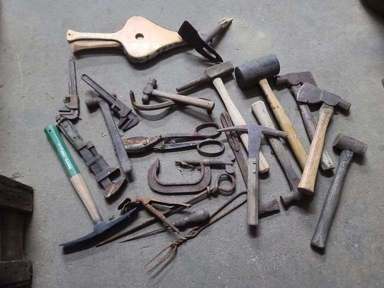 Bucket of Assorted Tools: Approx. 10 Hammers/Hatchets, C-Clamp, Monkey ...