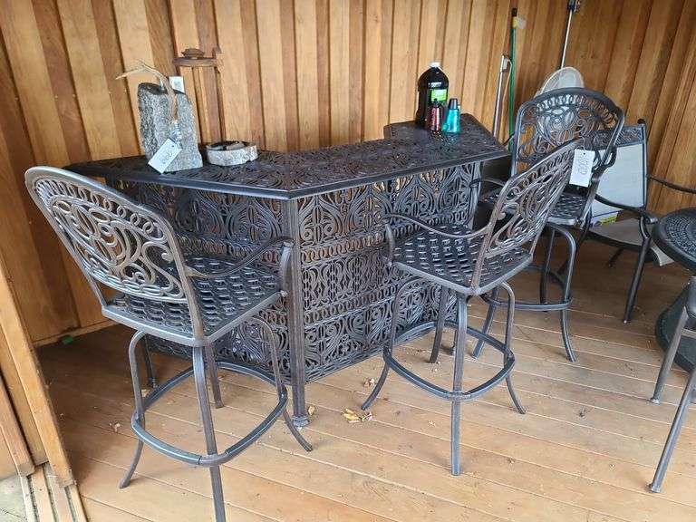 Wrought Iron Patio Bar (Approx 6x3x3), Contents and Three Matching ...