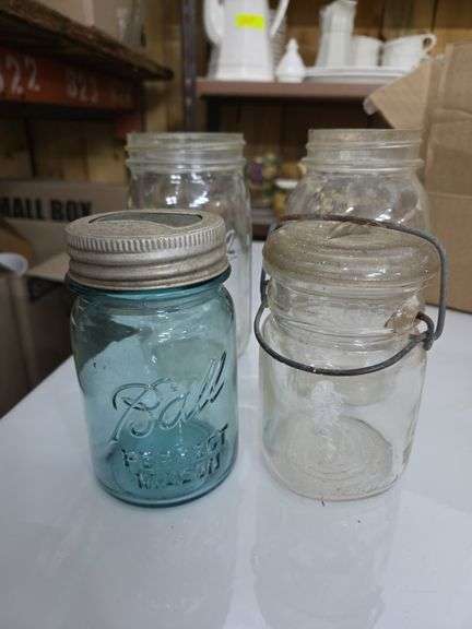 Assorted Blue & Clear Canning Jars, Quarts & Pints, Approx 26, Box Of Lids - Baer Auctioneers ...