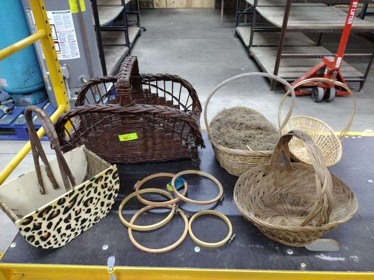 4 Baskets, Wicker Magazine Rack, 5 Embroidery Hoops - Baer Auctioneers ...