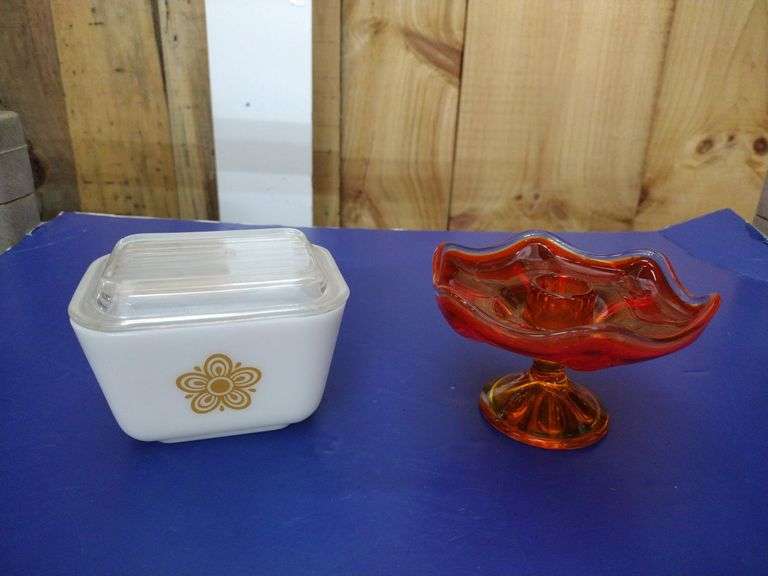Small Pyrex Refrigerator Dish & Orange Carnival Glass Candle Holder ...