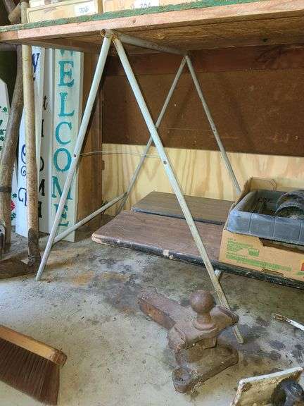 Two Wood Tabletops with Metal Collapsible Leg/Stands, No Contents ...
