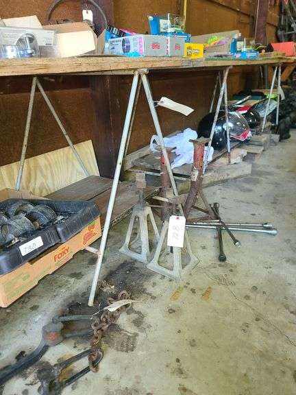 Two Wood Tabletops with Metal Collapsible Leg/Stands, No Contents ...