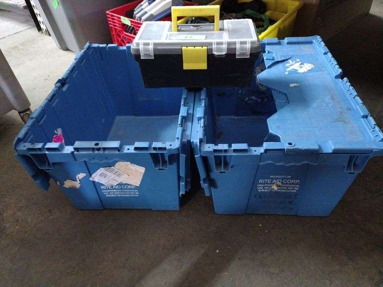 2 Totes With Folding Lids & Small Tackle Box (empty) - Baer Auctioneers ...