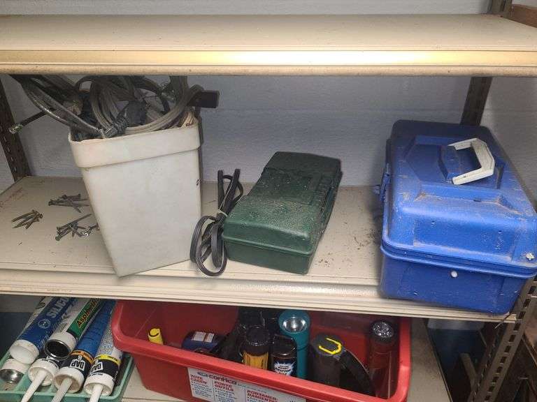 Metal Shelving Unit, Caulk, Flashlights, Pressure Washer Nozzles, And ...