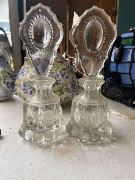 2 Vintage Clear Glass Perfume Bottles w/Stoppers - Baer Auctioneers ...