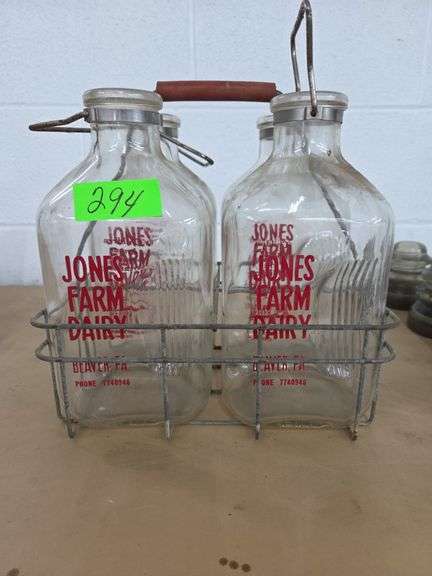 4 Jones Farm Dairy Quart Milk Bottles In Wire Rack (Beaver Pa) - Baer ...