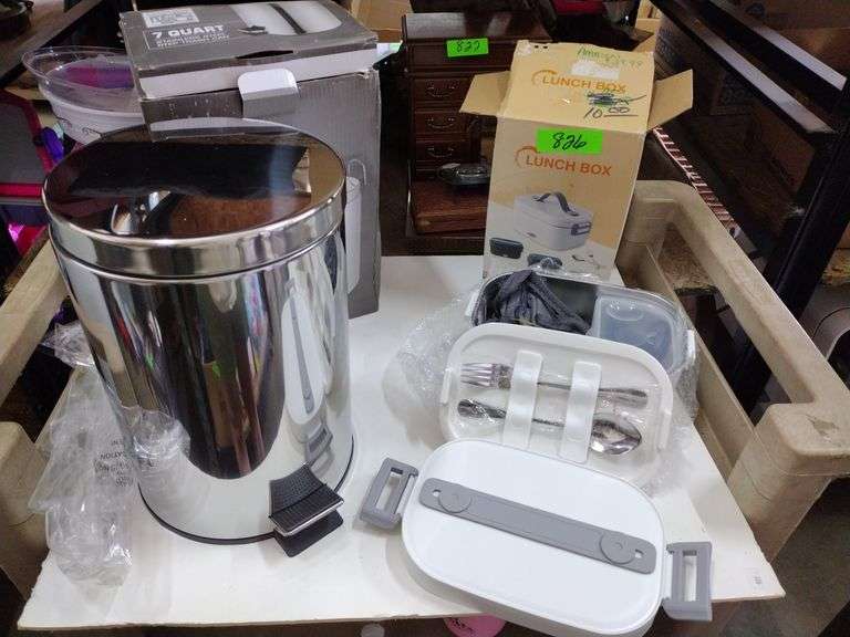 NIB 7 Qt Stainless Steel Step On Trash Can & NIB Lunch Box With Heating ...
