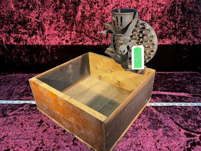 An Antique Cast Iron Corn Sheller and Wood Box - Baer Auctioneers ...