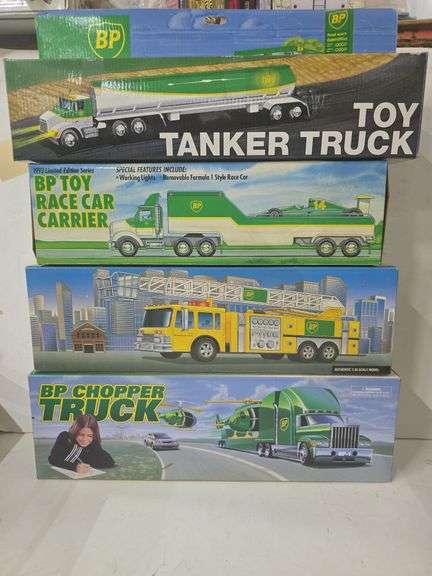 4 BP Limited Edition Toy Trucks (BP Toy Tanker Truck, BP Toy Race Car ...
