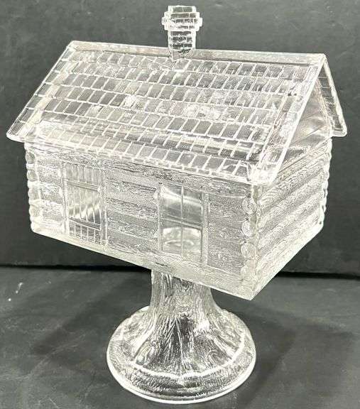 Vintage Central Glass Log Cabin Pedestal Compote - Black And Gold Auctions