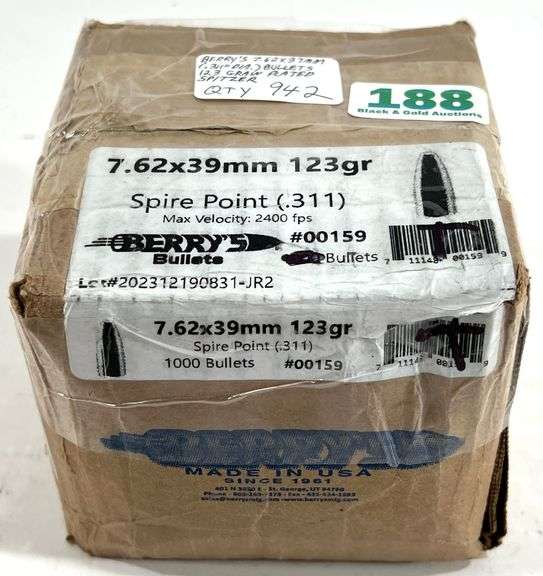 (942) 7.62x39mm 123 Gr Spire Point Bullets - Black And Gold Auctions