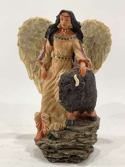 Native American Angel With Buffalo Statue, Native American Faux Carved ...