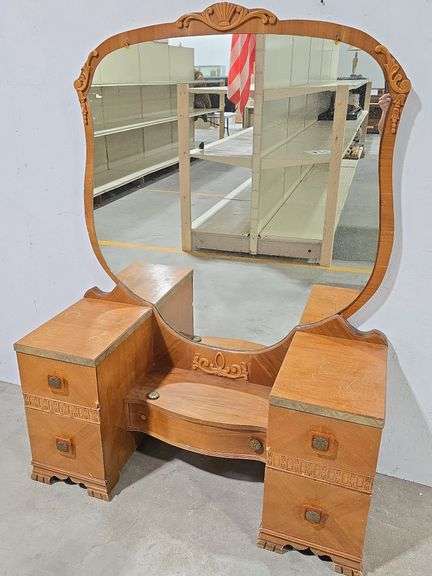MCM Large Mirror Hardwood Vanity - Black And Gold Auctions