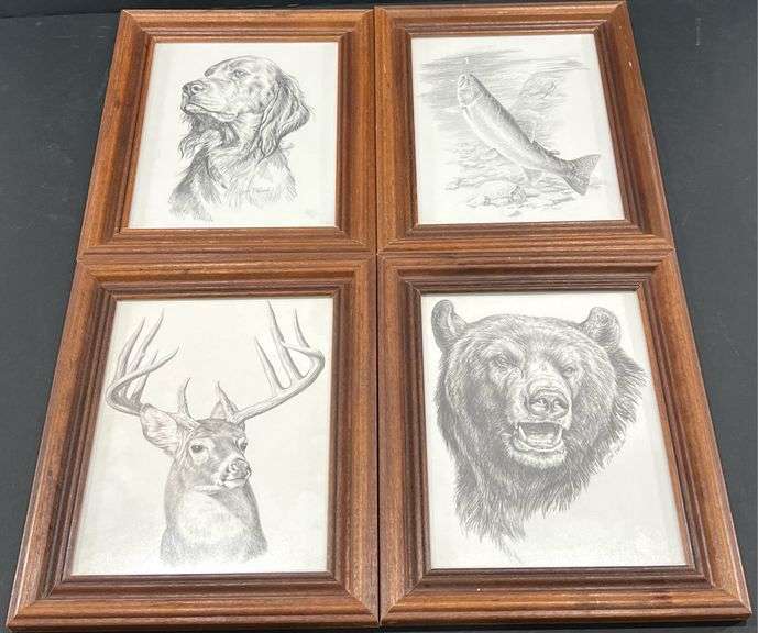 (4) Framed Leon Parson Animal / Wildlife Portrait Prints - Dog / Trout ...