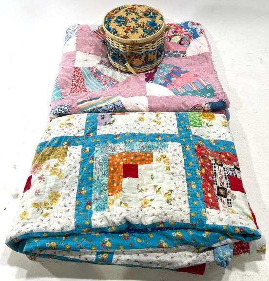 (2) Vintage Handmade Patchwork Quilts with/ Sewing Bucket & Tools ...