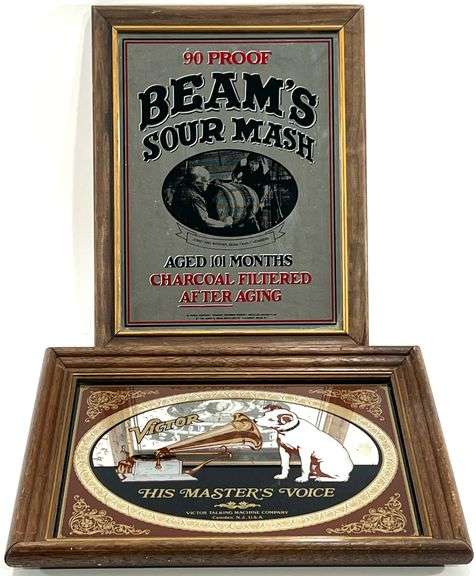 Framed Vintage Beam’s Sour Mash & Victor Talking Machine “The Master’s ...