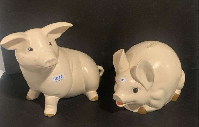 2 Large Ceramic Pigs Piggy Banks - Black And Gold Auctions
