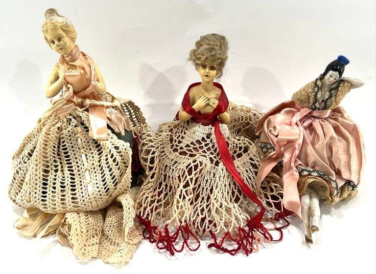 (3) Vintage Half Victorian Lady Pin Cushions - Black And Gold Auctions