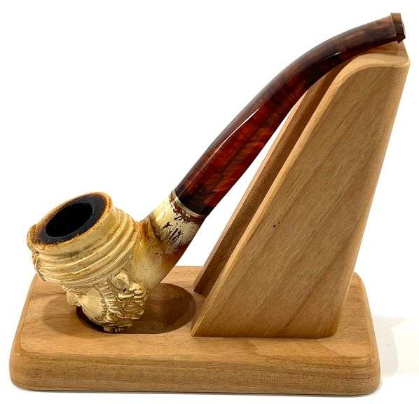 Hand Carved Face Meerschaum Tobacco Pipe w Stand - Black And Gold Auctions
