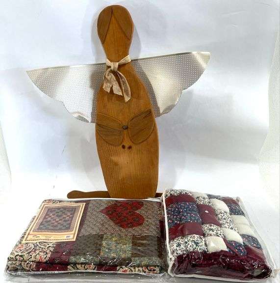 (2) Vintage Quilts & Large Wooden / Tin Angel Decoration - Black And ...