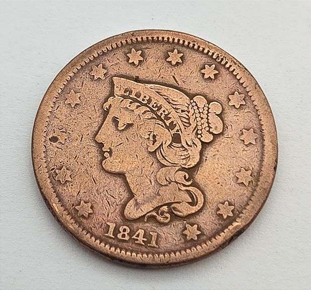 1841 Braided Hair Large Cent, Fine Details - Black And Gold Auctions