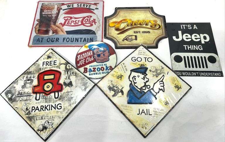 (6) New Tin Metal Signs - Monopoly / Bazooka Joe Gum / Jeep / Pepsi ...