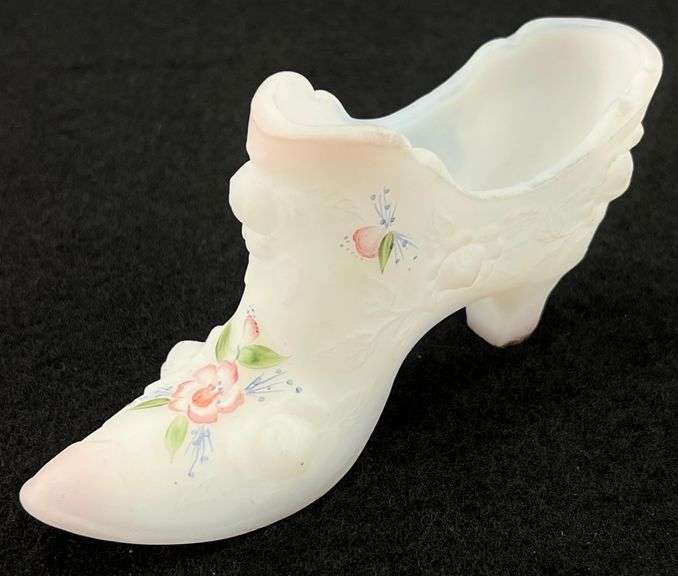 VTG Fenton Hand Painted Meadow Blossom Satin Glass Slipper - Black And ...