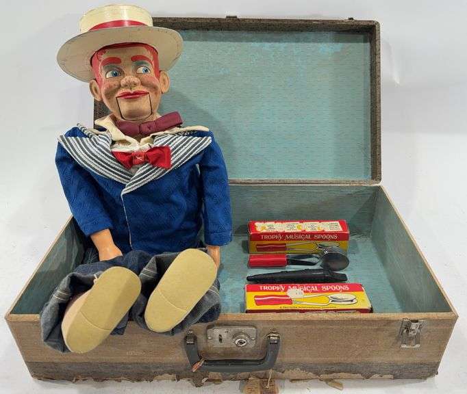 Vintage Ventriloquist Doll W/ Suitcase, Tonette Flute, & Trophy Musical ...
