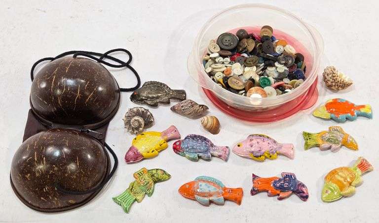 Collection of Buttons, Ceramic Fish, Shells, & More - Black And Gold ...