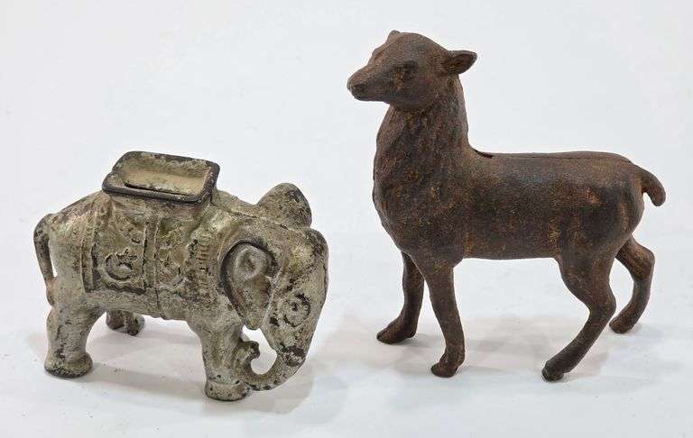 VTG Cast Iron Elephant & Deer Coin Banks - Black And Gold Auctions